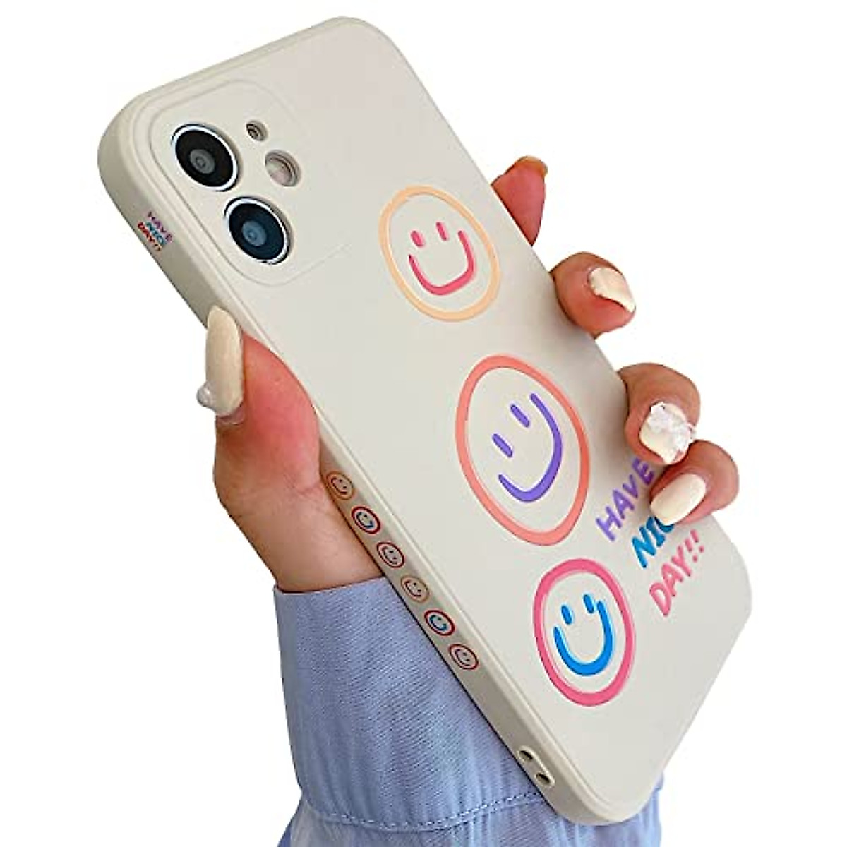 KERZZIL Cute Smile Pattern Compatible with iPhone 12 Case, Silicone Slim Fit [Soft Anti-Scratch Microfiber Lining] Flexible TPU Shockproof Protective Cover Cases Capa 6.1 Inch (Beige)