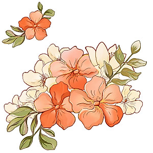 RW-6014 Romantic Orange Flowers Wall Decals Yellow Peony Rose Wall Stickers DIY Removable 3D Green Leaf Floral Blossom Plant Wall Art Decor for Kids Girls Bedroom Living Room Nursery Decoration