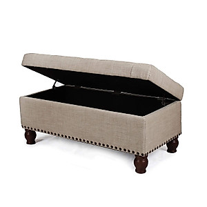 Adeco Rectangular Storage Ottoman Tufted Lift Top Bench Footstool with Sturdy Legs (Beige-2)