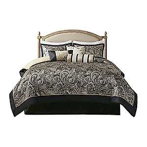 Madison Park Comforter Set, Faux Silk Jacquard Paisley Design - All Season Down Alternative Bedding with Bedskirt, Decorative Pillow, Queen(90 in x 90 in), Black 7 Piece