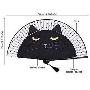 Amajiji Women Lovely Black Cat Folding Silk Fan Handheld Fan for Wedding, Dancing, Church, Party, Gifts (Black)