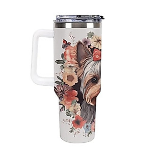 WYUSPGK 40oz Stainless Steel Car Mug, Yorkie Floral Print Travel Mug, Double-Wall Insulated with Straw, Perfect for Car, Office, Outdoor