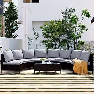 Tensun 5 Pieces All-Weather Brown PE Rattan Wicker Sofa Set Outdoor Patio Sectional Furniture Set Half-Moon Sofa Set with Tempered Glass Table for Garden Balcony Backyard(Grey)
