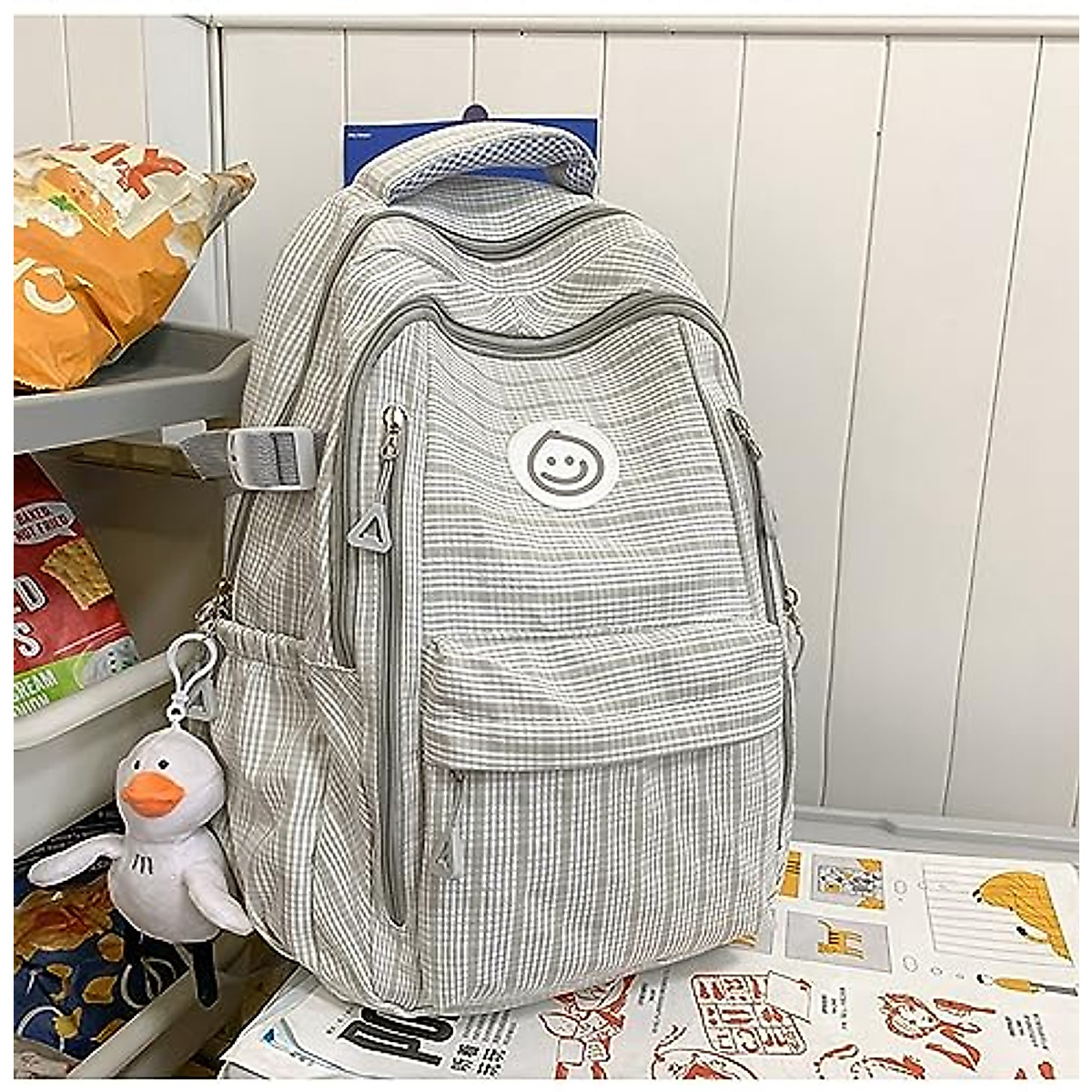 Qyrno Plaid Backpack Kawaii Backpack with Cute Accessories Cute Backpack Aesthetic Backpack DIY Backpack (5-Grey)