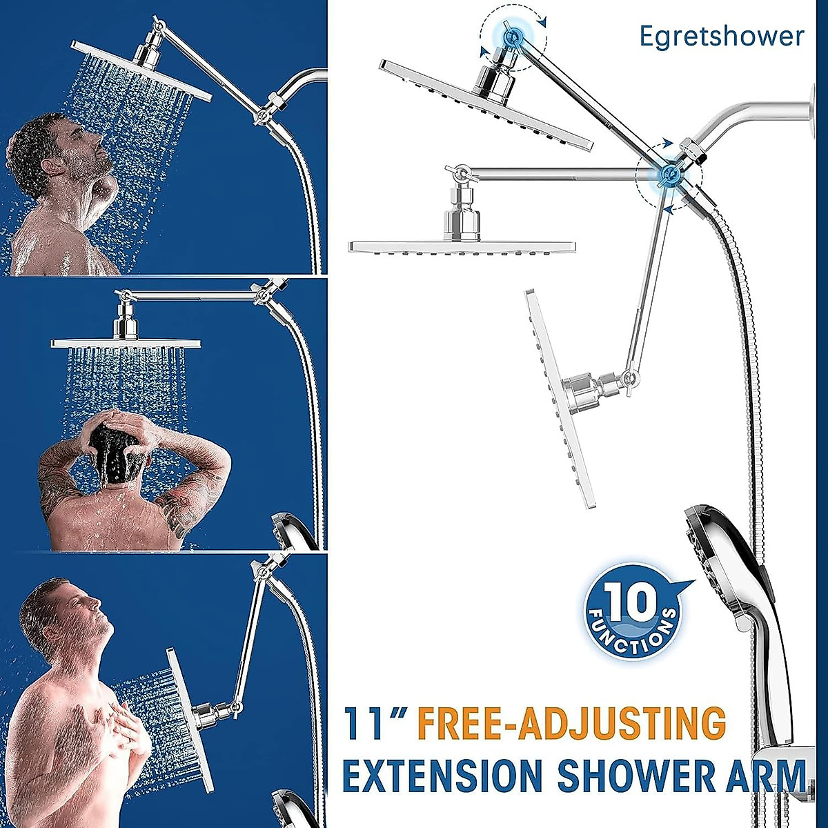 High Pressure 9'' Rainfall Shower Head With Handheld Combo, 10-Setting Handheld Shower Head Built-In Power Wash, 11'' Extension Arm Height/Angle Adjustable With Holder & 60" Hose - Polished Chrome
