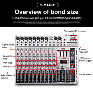 DJ Mixer G-MARK GMX1200 12 channel Professional USB Audio Mixing console Music Studio 8 mono 4 stereo 7 brand EQ 16 Effect Podcast Streaming Audio Interface