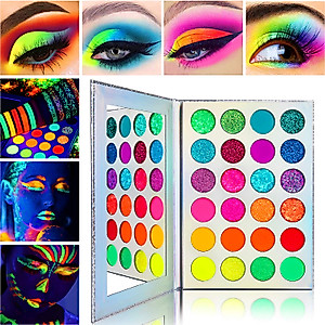BEUSELF Neon Eyeshadow Palette, 24 Colors Highly Pigmented Fluorescent Makeup Pallet Glow in the Dark, UV Glow Blacklight Matte Glitter Rainbow Eye Shadows for Luminous Carnival Party Halloween Makeup