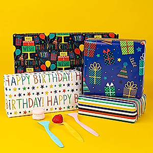 MAYPLUSS Birthday Wrapping Paper Large Sheet - Folded Flat - 4 Different Blue Gifts Design (30.1 sq. ft.TTL.) - 27.5 inch X 39.4 inch Per Sheet