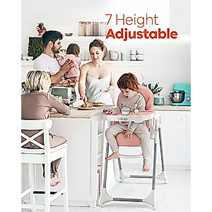 HEAO Adjustable 7 Height 5 Reclining Angle Foldable Baby High Chair with 360 Degree Rotating Wheels, 3 Footrest Positions, and Removable Tray, Pink