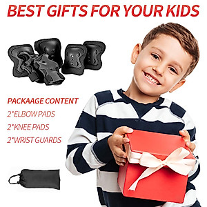 Knee Pads for Kids Knee and Elbow Pads with Wrist Guards Youth Protective Gear Set for Cycling Roller Bike Inline Skateboard Scooter Skating Skates Pads Toddler Girls Boys Kids 3-8 Years Old(Black)