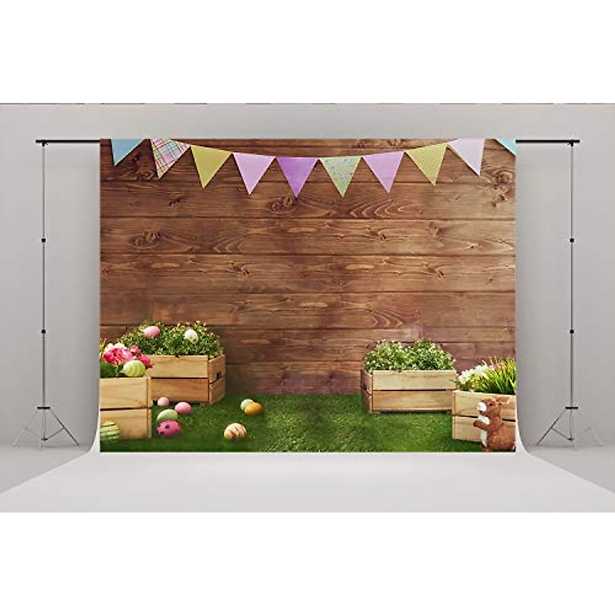 Easter Backdrops for Photography Fabric Backdrop Rustic Grass Ground Colorful Flag Backdrops for Children,Studio,Party Brown Wood Wall Photo Studio Shooting 7x5ft