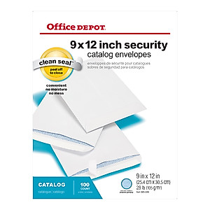 Office Depot Clean Seal(TM) Catalog Envelopes, 9in. x 12in., White With Security Tint, Pack Of 100, 77928