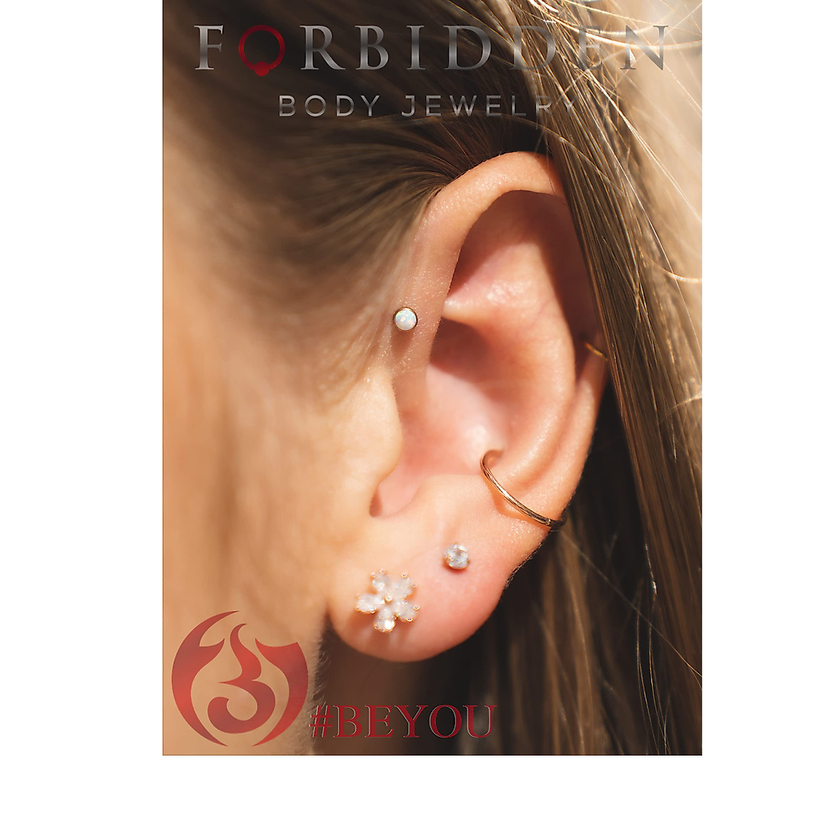 Forbidden Body Jewelry 3-Pack: 16g Surgical Steel Synthetic Blue Opal Cartilage Studs, 3mm/4mm/5mm Opalite