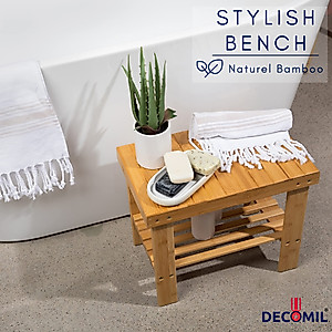 DECOMIL - Bamboo Shower Bench 16”, Foot Rest Shaving Stool with Storage Shelf | Nonslip Feet & Waterproof Bathing Bench | Perfect for Indoor and Outdoor Use