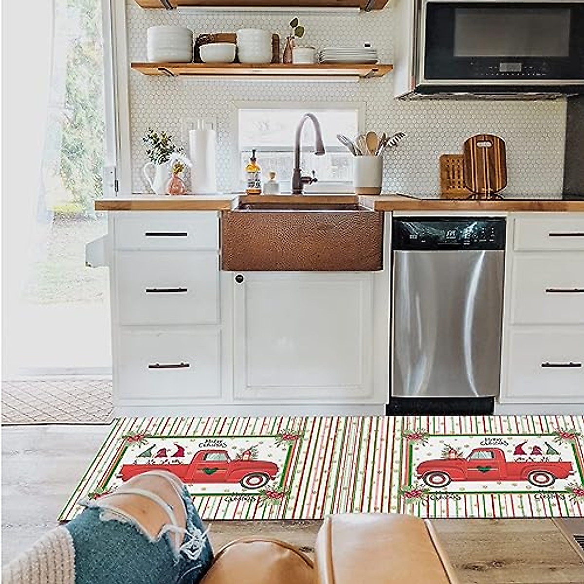 Christmas 2 Pieces Kitchen Rugs and Mats Set, Merry Christmas Red Truck with Gnome Green Stripes Kitchen Mats Cushioned Floormat Non Slip Runner Rug Set for Kitchen Laundry Entryway, 20"x24"+20"x48"