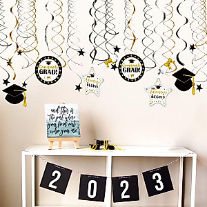 Decor365 Gold Black Silver Graduation Decorations Hanging Swirls Congrats Grad Banner Black Graduation Cap Stars Adventure Begins Dangling Home Classroom Decor for High School/College/University