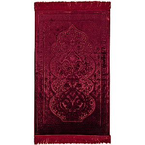 Modefa Luxury Velvet Prayer Rug with Prayer Beads | Soft Elegant Muslim Turkish Janamaz Sajada Carpet for Men and Women | Plain Solid Prayer Mat Ramadan Eid Gift - Paisley (Red)