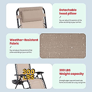 FDW Zero Gravity Chair,Zero Gravity Lounge Chair,1 Pack Folding Lawn Chair Adjustable Reclining Patio Chairs with Pillow and Side Table for Pool Yard with Cup Holder (Tan)