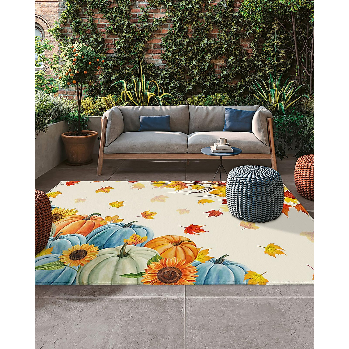 Thanksgiving Fall Outdoor Rugs for 5'x8' Patios Clearance, RV Camping Mat Rug Portable Outside Rug Indoor Outdoor Area Rug Mat for Beach Deck Pool Pumpkin Autumn Maple Leaves