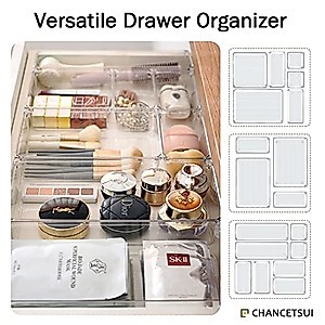13 Pcs Drawer Organizer Set Clear Plastic Storage Bins Office Desk Drawer Dividers Trays with Non-Slip Silicone Pads, Dresser Separation Box for Makeup, Jewelries and Gadgets, Bedroom, Bathroom