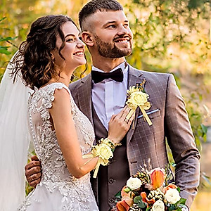 Ivory Rose Wrist Corsage Wristlet Band Bracelet and Boutonniere Set for Men Women Bride Bridesmaid Wedding Prom Flowers Accessories (A-Boutonniere & Wrist Corsage)