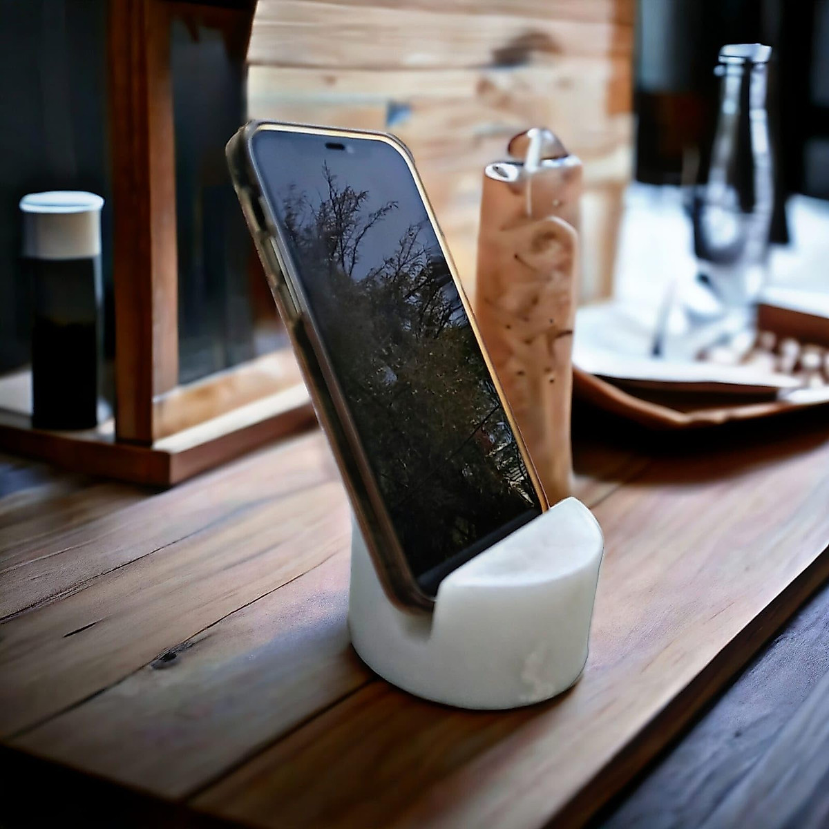 Premium Marble Cell Phone Holder - Luxurious Mobile Phone Stand for Cellphones and Tablets - Heavy Solid Stone Desk Stand iphone and smartphone mobile stand (White)