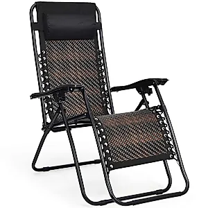 Tangkula Patio Rattan Zero Gravity Lounge Chair, Outdoor Folding Lounge Chair w/Removable Head Pillow, Adjustable Lounge with Widened Armrest & Locking System for Balcony Yard Poolside (1, Brown)