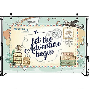 Mocsicka Adventure Awaits Backdrop World Map Let The Adventure Begin Baby Shower Party Decorations Photo Backdrops Global Travel Airplane Birthday Bridal Shower Photography Background (7x5ft)