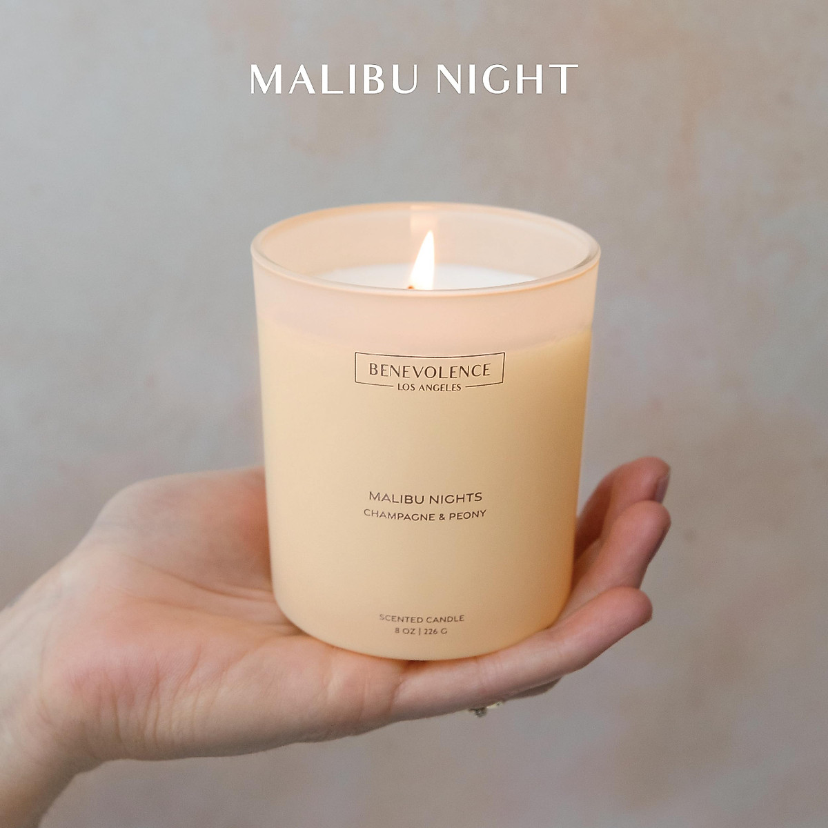 Benevolence LA Malibu Nights Scented Candle | Champagne & Peony | 8oz, 45-Hour Burn | Luxurious Home Fragrance | Natural Wax, Cotton Wick | Malibu Sands Collection