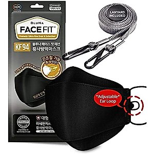 BLUNA ::Authentic:: [10 Pack] Premium 4-Layer Black KF94 Face Mask, Large [Adjustable Ear Loop][Anti-Trouble Skin][Made in KOREA] + Lanyard