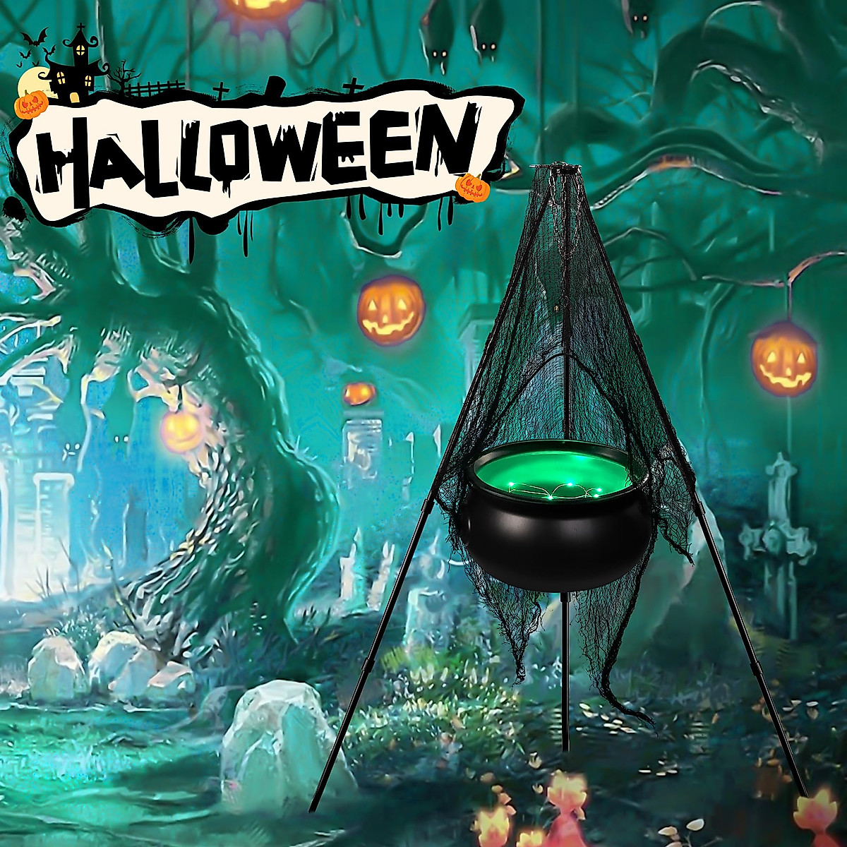 EBaokuup 12.5'' Halloween Witches Cauldron on Tripod-Large Witches Cauldron with Lights Mesh-Halloween Decorations Outdoor-Witches Bowl Candy Bucket for Porch Yard Decor Halloween Cosplay Makeup Party