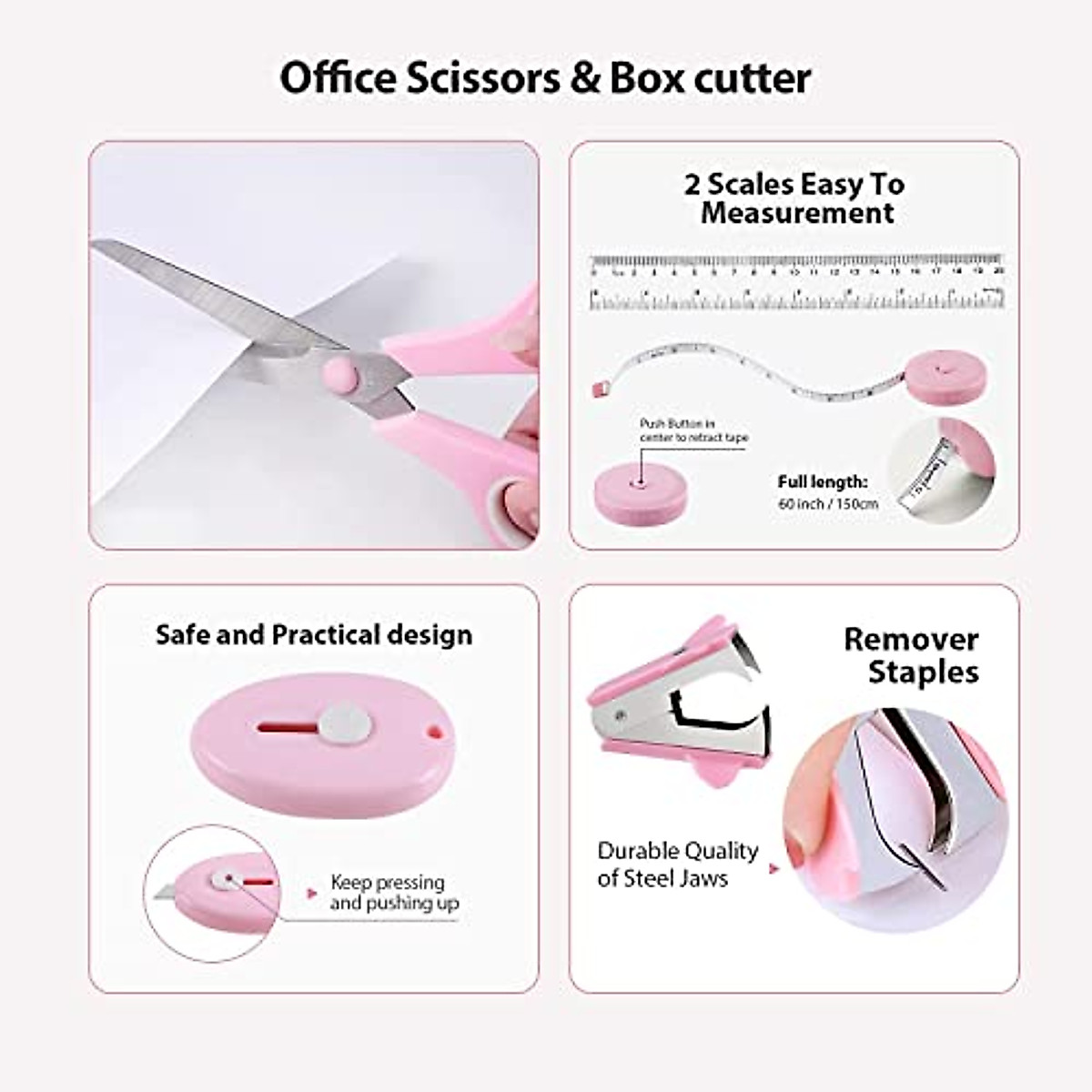 Pink Office Supplies Kit, 14 Piece Desk Accessory Kit Stapler and Tape Dispenser Set Includes Desktop Staple, Stapler Remove, Single Hole Punch, Tape Dispenser, Tape Measure, Scissors, Pen Holder