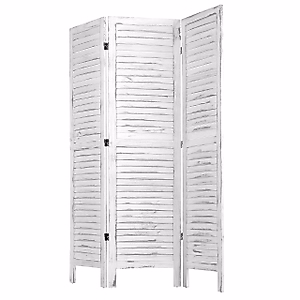 MyGift Whitewashed Wood 3 Panel Screen, Folding Louvered Room Divider