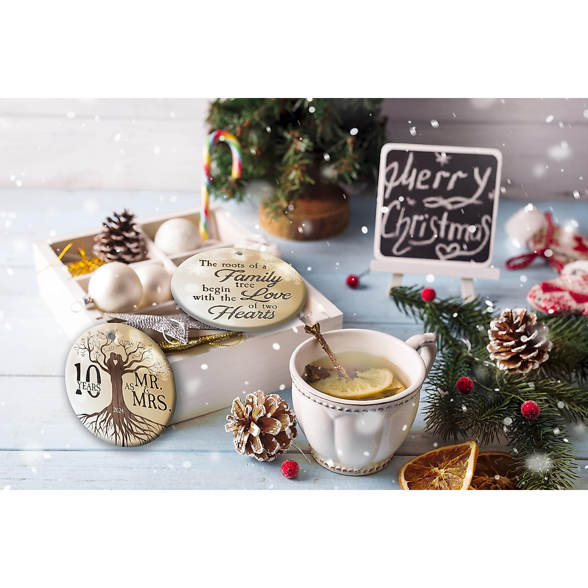 Giveena 10th 2024 Wedding Anniversary Ornament - Christmas Ceramic Ornament Gift Anniversary for Couple, Parents, Friend Her Him - 10th Wedding Anniversary Present Holiday Decoration Hanging Ornament