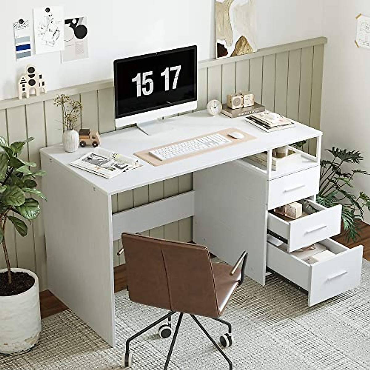 CubiCubi Computer Desk with Drawers, 47 Inch Home Office Desk, Study Writing Table, Modern Office Desk, White