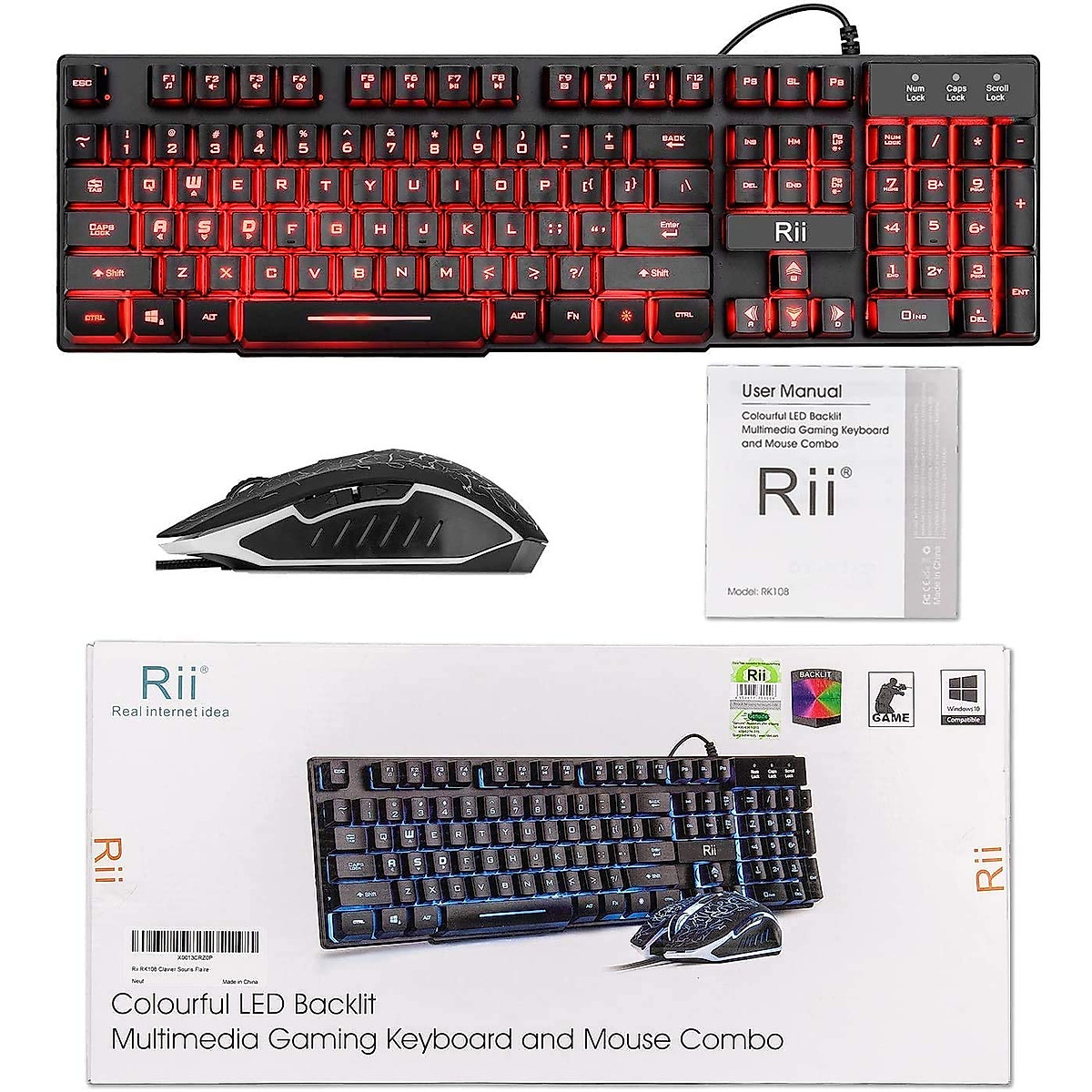 Rii Gaming Keyboard and Mouse Set, 3-LED Backlit Mechanical Feel Business Office Keyboard Colorful Breathing Backlit Gaming Mouse for Working or Primer Gaming,Office Device (RK108)