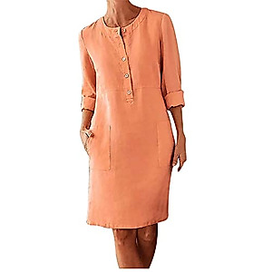 Women's Cotton Linen Dress Summer Midi Dresses with Pockets Business Dress 3/4 Sleeve Button Up Shirt Dress