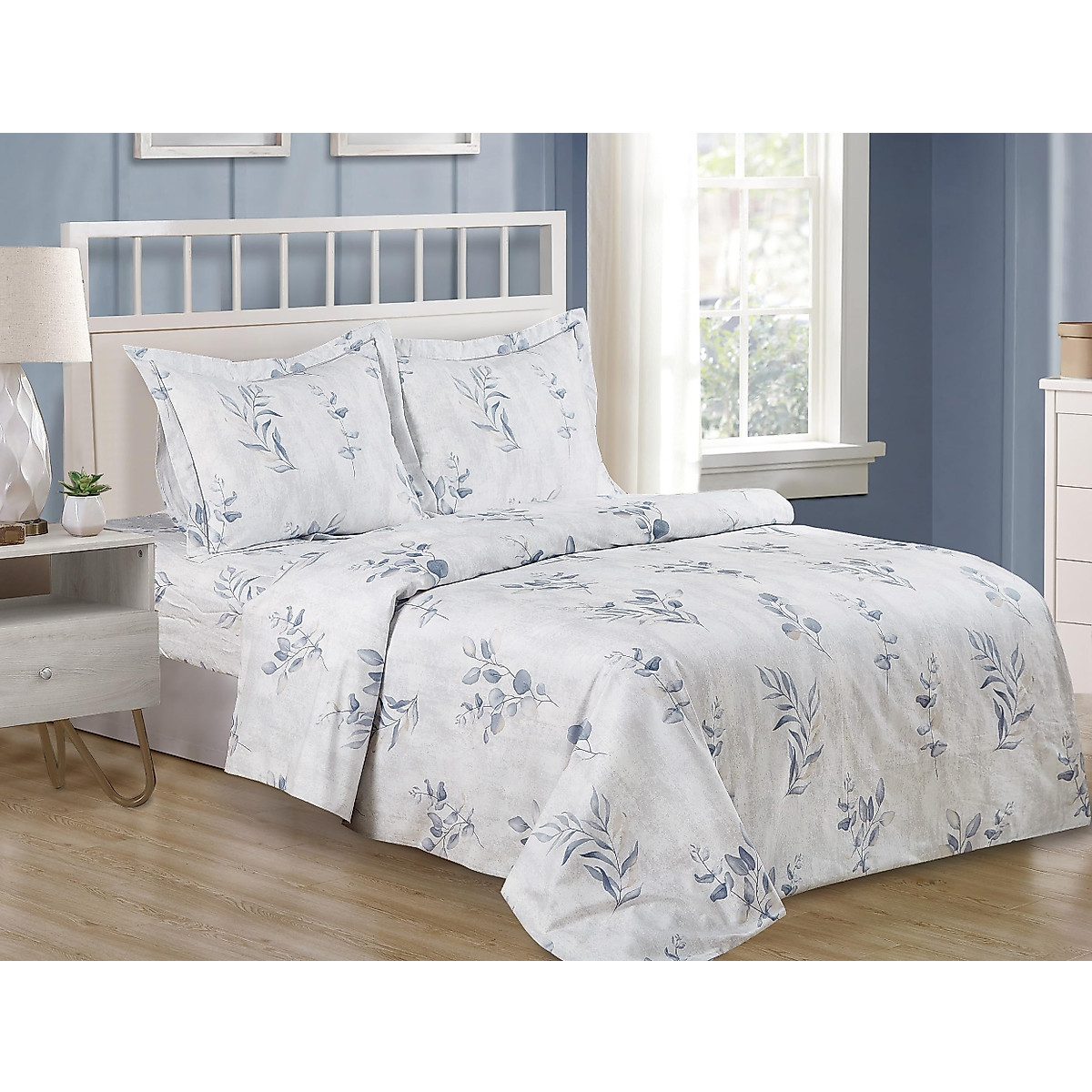 Violet Linen French Leaves Floral Pattern, Luxury Ultra Soft and Breathable 200 Thread-Count Cotton Percale, Blue - Cream, Full, 6 Piece Duvet Set, Bedding Duvet Cover Set for Two Beds