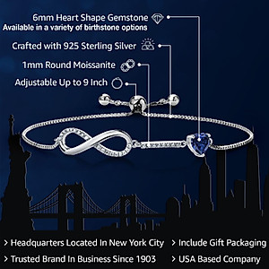 Gem Stone King 925 Sterling Silver Heart Shape 6MM Gemstone Birthstone and White Moissanite Infinity Tennis Bracelet For Women Fully Adjustable Up to 9 Inch