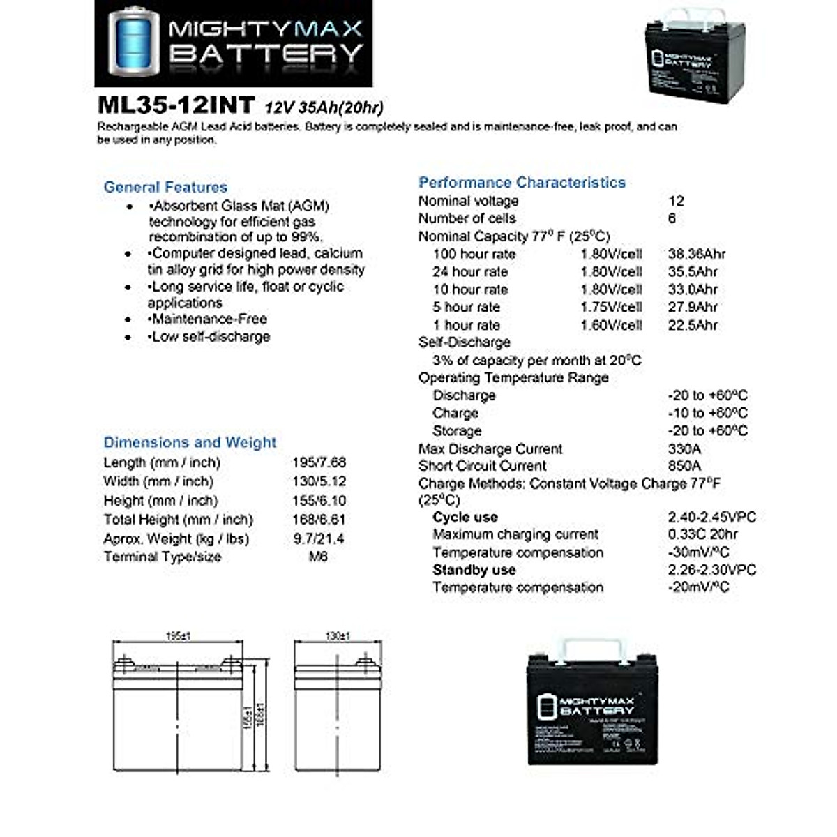 Mighty Max Battery 12V 35AH SLA Internal Thread Battery Replacement for Werker WKA12-35C