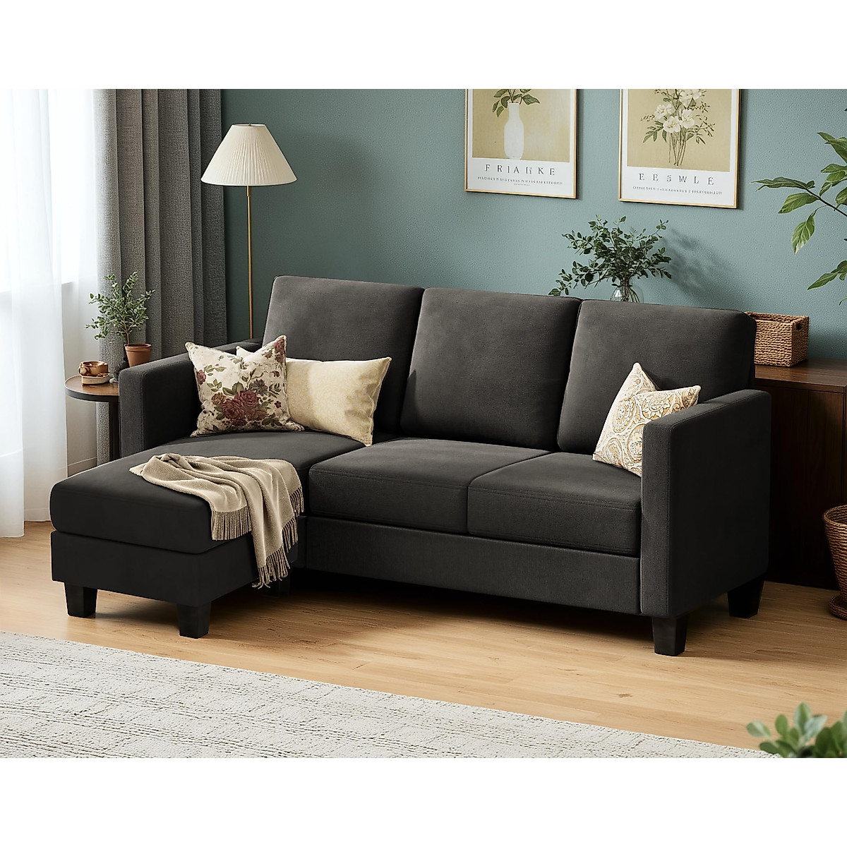 VICTONE Sectional Sofa Couch, 3 seat L-Shaped Small Sofa with Movable Ottoman Couch for Small Apartments, Living Rooms and Offices (Linen Fabric, Deep Grey)