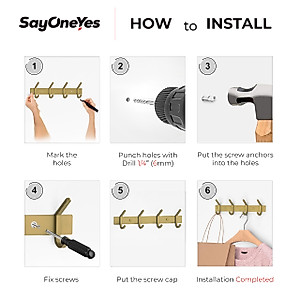 SAYONEYES Brushed Gold Coat Rack Wall Mount with 4 Double Hooks for Hanging – 12 Inch Heavy Duty SUS304 Stainless Steel Rustic Coat Hooks – Hat, Clothes, Purse, Towel Wall Hooks – 1 Pack