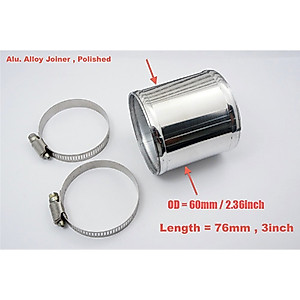 Autobahn88 Aluminum Alloy Hose Joiner Pipe, OD= 2.36" (60mm), L 3" (76mm), Glossy Polished, Includes 2 G-Clamps