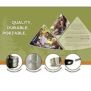 Camping Cookware Set 304 Stainless Steel 8-Piece Pots & Pans Open Fire Cooking Kit | Frying Pan Steamer with Travel Tote Bag | Compact For Outdoors & Indoors Kitchen Family Campfire Hiking RV