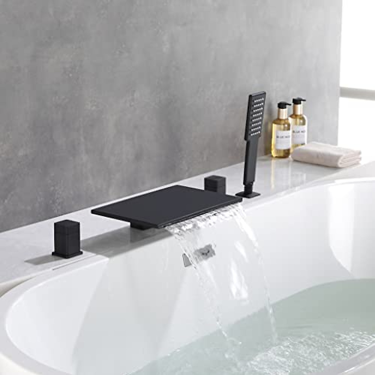 VANFOXLE Waterfall Bathtub Faucet set with Hand Shower, Roman Tub Faucets Deck Mount Matte Black Tub Faucet set Brass Tub Filler Bathroom Faucets with Hand Shower