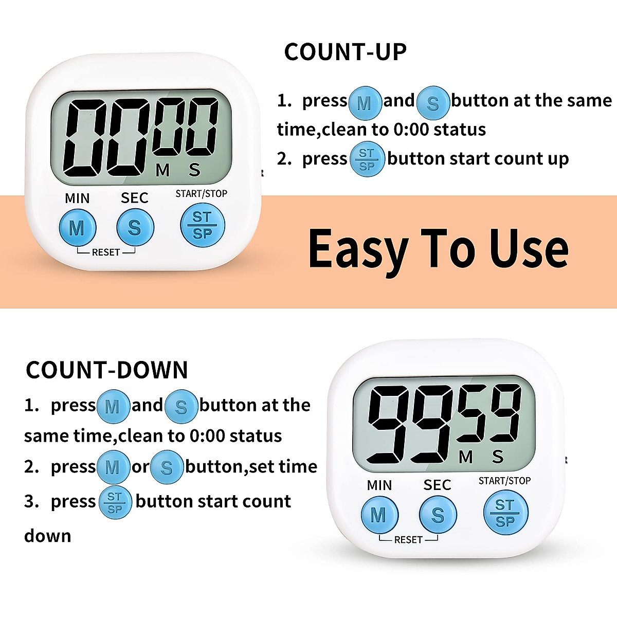 Digital Kitchen Timer for Cooking, Big Digits Loud Alarm Strong Magnetic Backing, Multi-Function Electronic Timer, Classroom Timers for Teachers Kids (White)