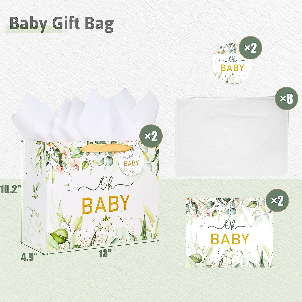 Shindel 13" Large Baby Boy Girl Gift Bag with Handle, 2PCS Baby Gift Bag with Tissue Paper Greeting Card Ribbon for Baby Shower Newborn Birthday Party