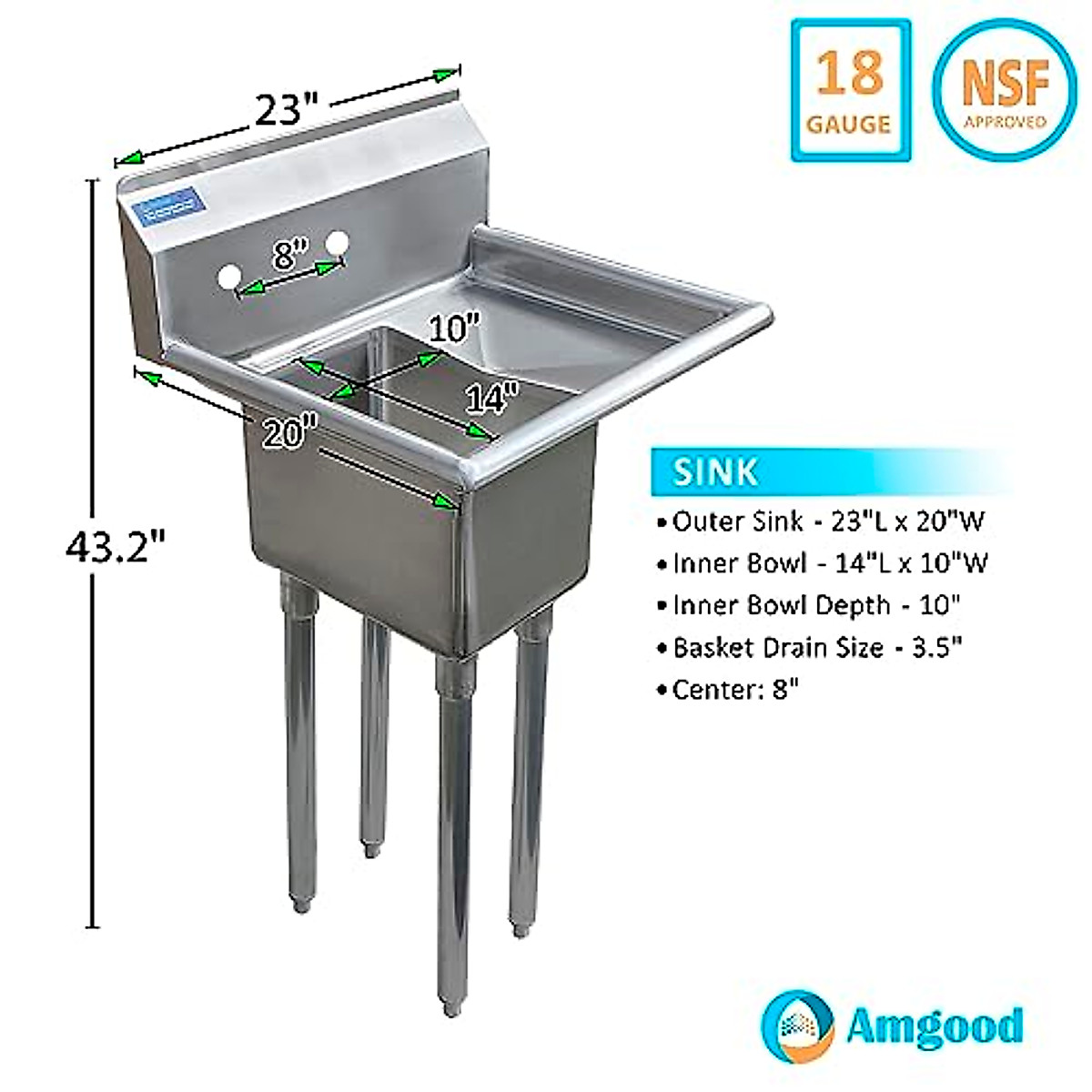 One Compartment Stainless Steel Commercial Kitchen Prep & Utility Sink with 10” Right Drainboards | Bowl Size 10" x 14" X 10" | NSF