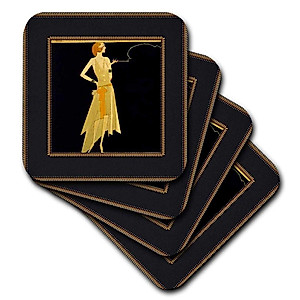 3dRose Art Deco Lady On Black With Gold Frame - Ceramic Tile Coasters, set of 4