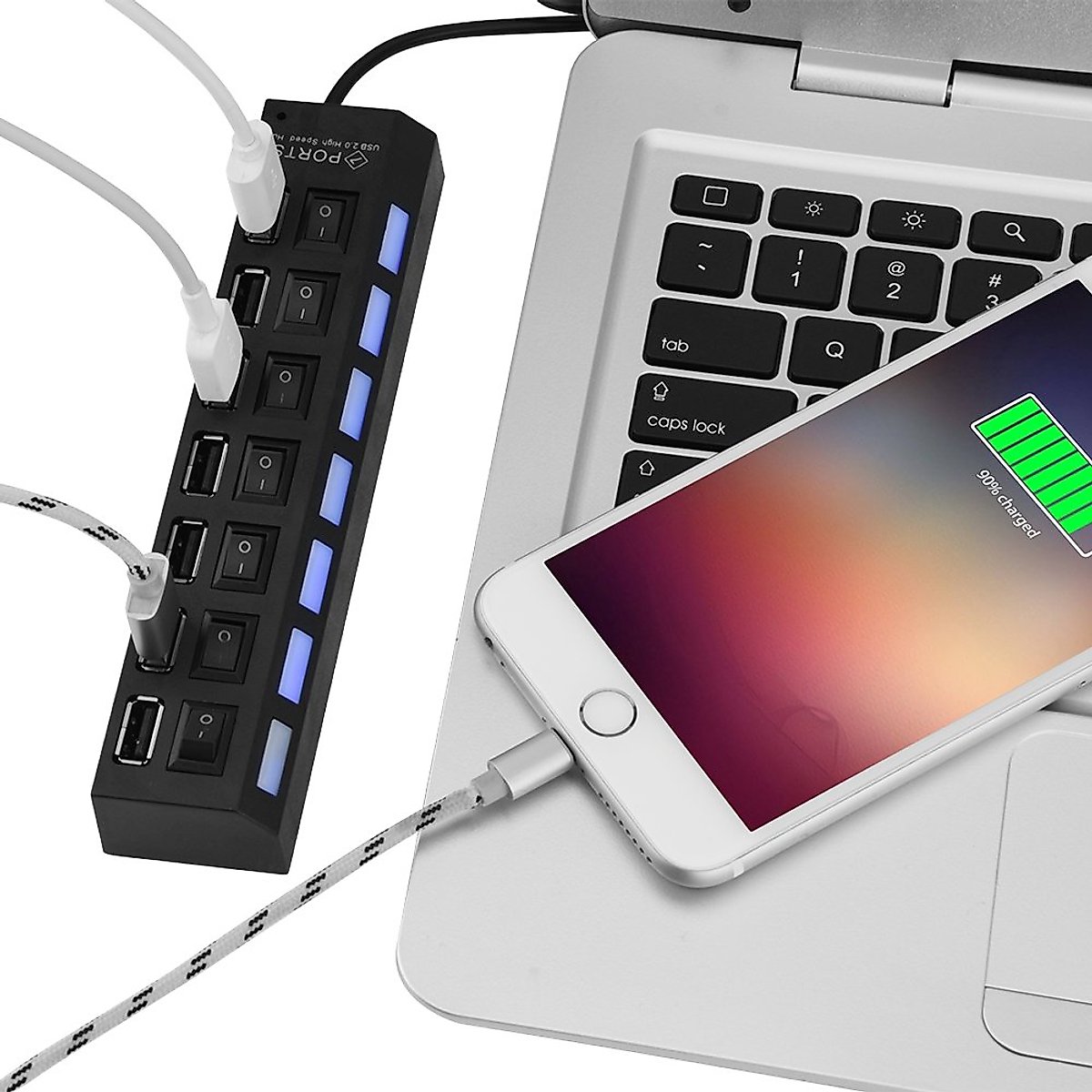 7 Port USB Hub,480Mbps No Conflict Plug & Play USB 2.0 Charger Hub with 7 Independent Switches and Multi-Level for Mobile Phone, Tablet PC, Keyboard, Mouse, Hard Drive, etc
